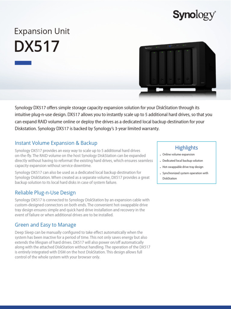 Synology DX517 Data Sheet Enu | PDF | Backup | Hard Disk Drive