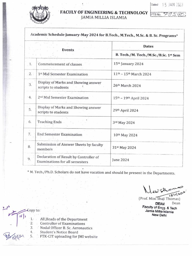 Fet Academic Schedule Btech Mtech MSC BSC 2024january15 | PDF