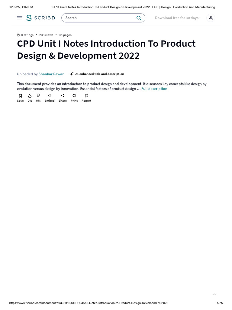 CPD Unit I Notes Introduction To Product Design & Development 2022 ...