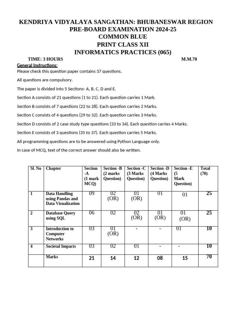Class Xii - Ip - Pre Board 2024-25 Blue Print | PDF