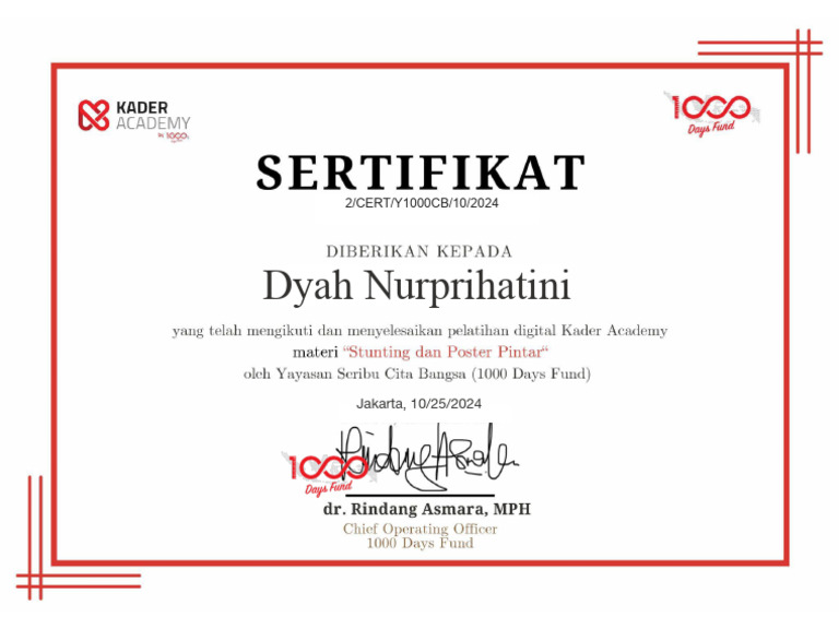 Certificate For Dyah Nurprihatini For "Ujian Akhir Kader Academy" | PDF