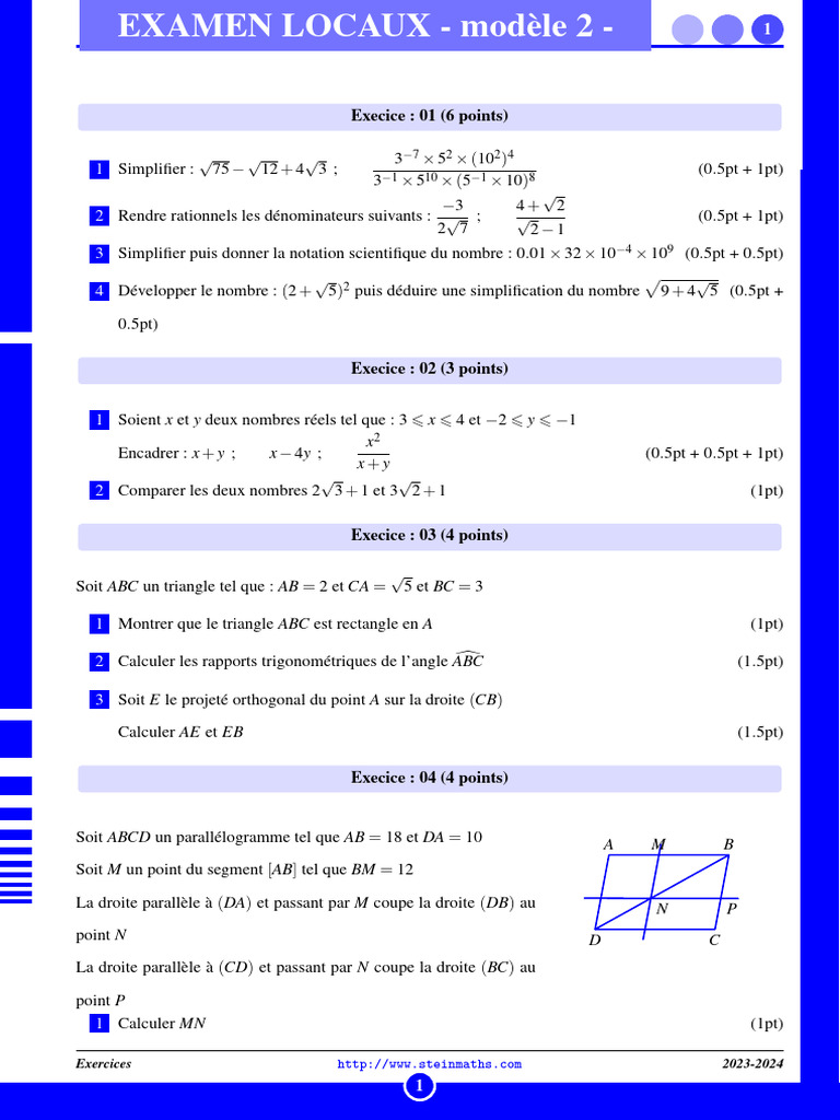Exercices de Mathématiques 1AC 2023/2024 | PDF | Triangle | Mathématiques