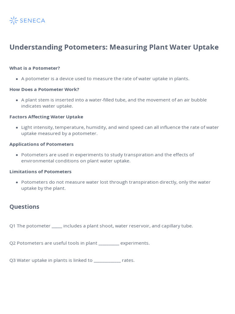 Understanding Potometers Measuring Plant Water Uptake | PDF | Plants ...