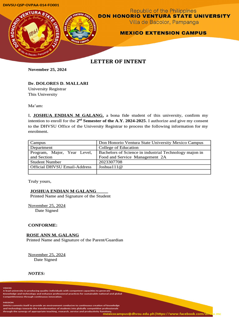 Student Letter of Intent LOI Template | PDF