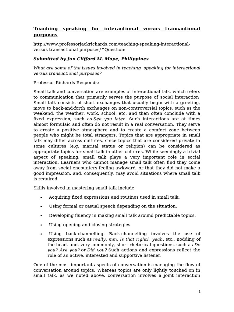 Interactional vs. Transactional Speaking | PDF | Communication | Conversation