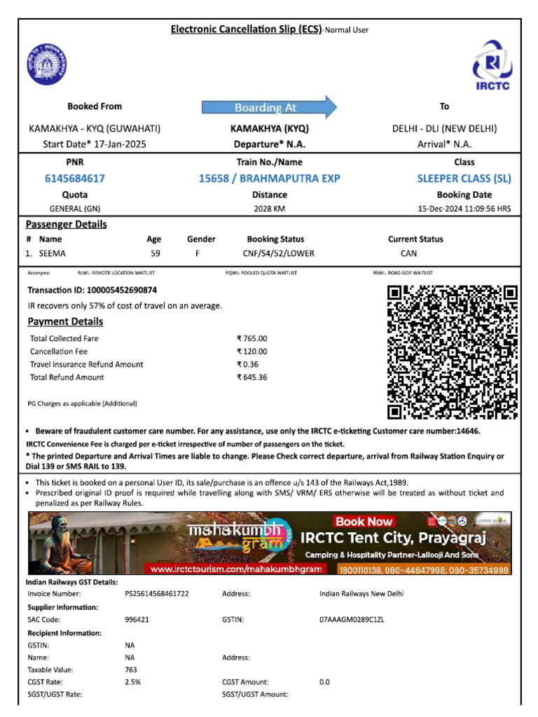 Train Ticket Cancellation Refund | PDF
