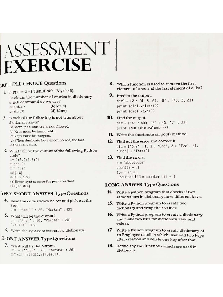 Class XI Worksheet - Tuples and Dictionary | PDF