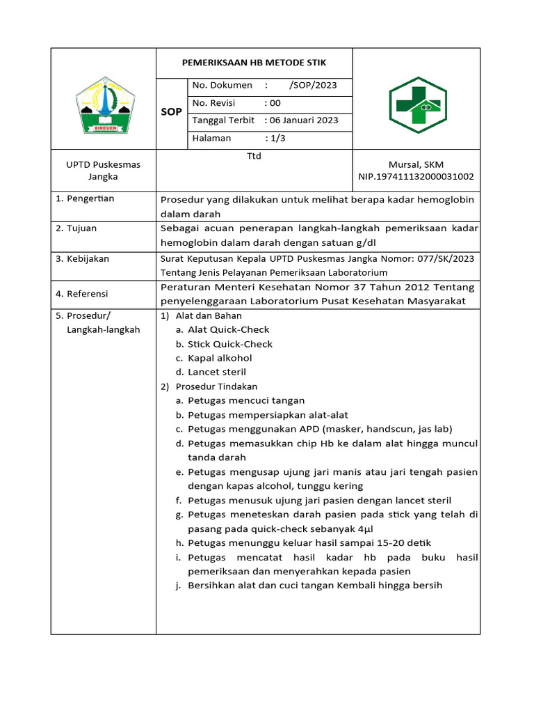 Sop Pemeriksaan HB Metode Stik | PDF
