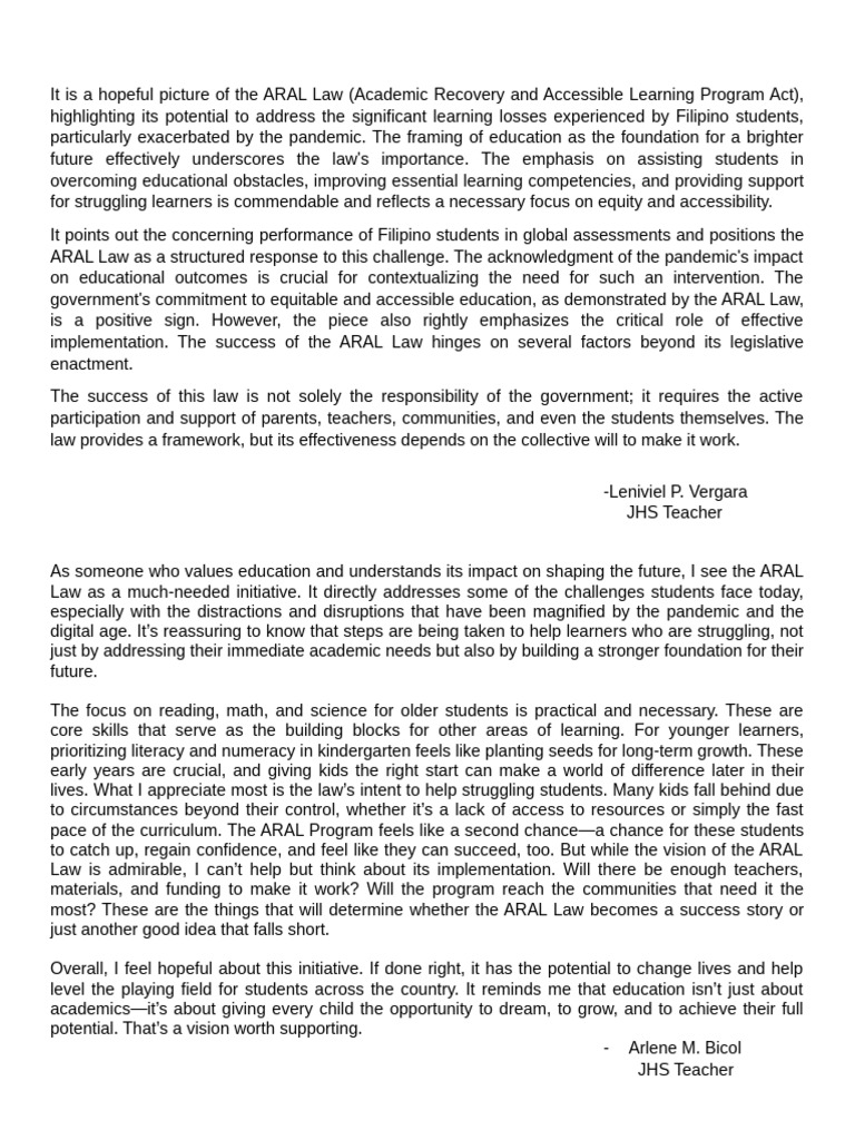 Commentaries-JHS Teachers-Aral Law | PDF | Literacy | Teachers