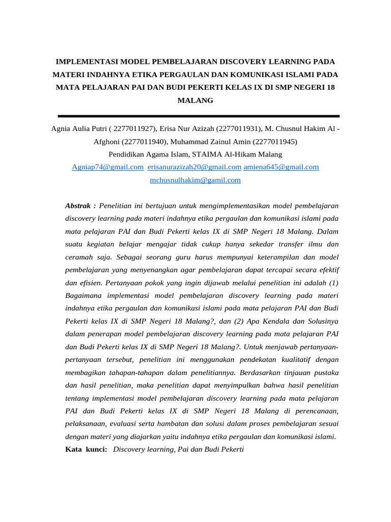 Implementasi Model Pembelajaran Discovery Learning Pada Materi Indahnya Etika Pergaulan Dan ...