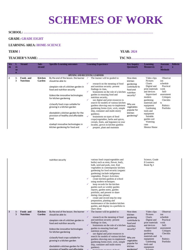 Grade 8 Mentor Home Science Schemes of Work Term 1 | PDF | Vegetables ...
