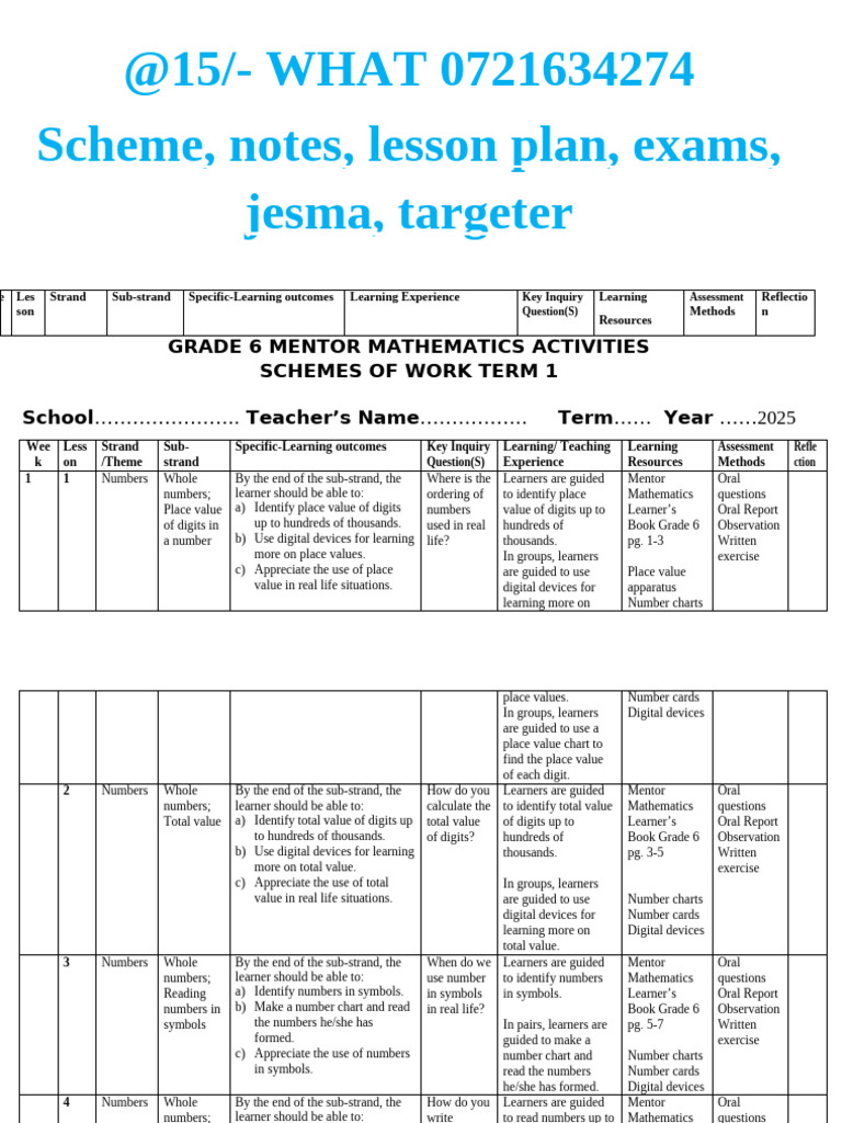 Grade 6 Term 1 Mathematics Schemes Mentor | PDF | Division (Mathematics ...
