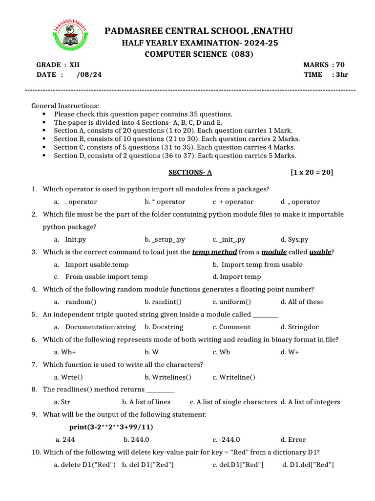 Class 12 Cs Half Yearly | PDF | Parameter (Computer Programming) | C (Programming Language)