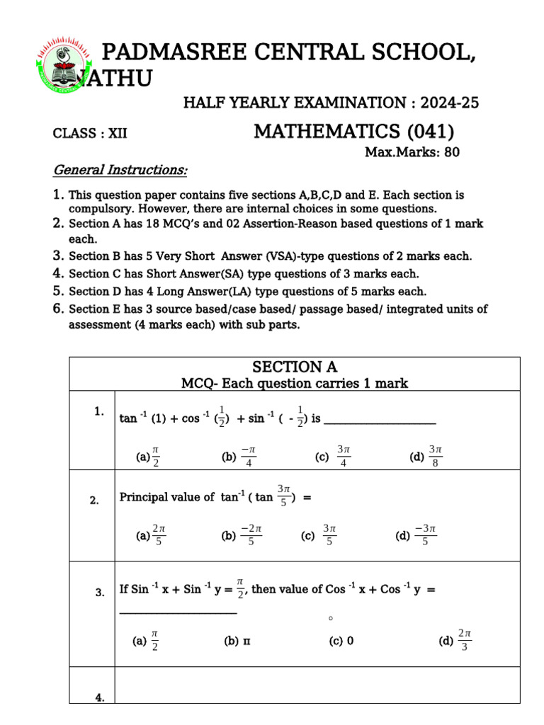Maths Half Yearly 12th Pdf Matrix Mathematics Operator Theory
