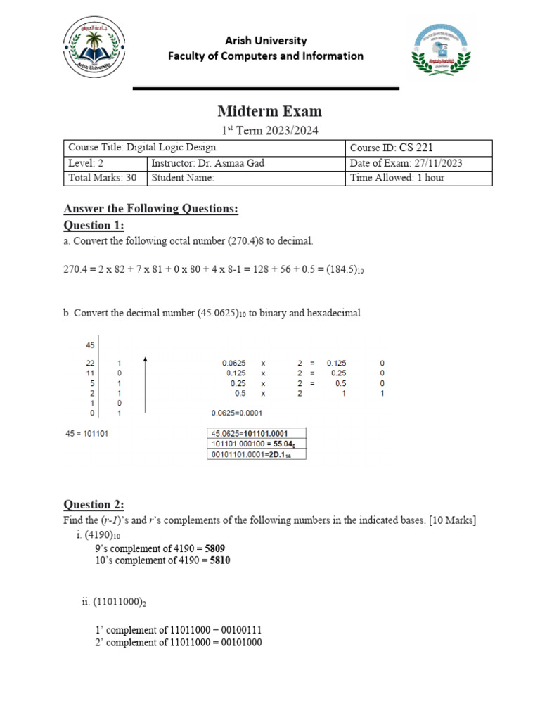 Digital Logic Design Midterm Exam 2023 | PDF | Theory Of Computation ...