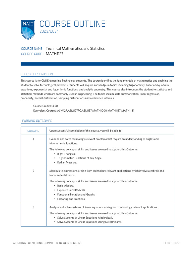 Course Outline MATH1127 - 2023 | PDF | Statistics | Equations