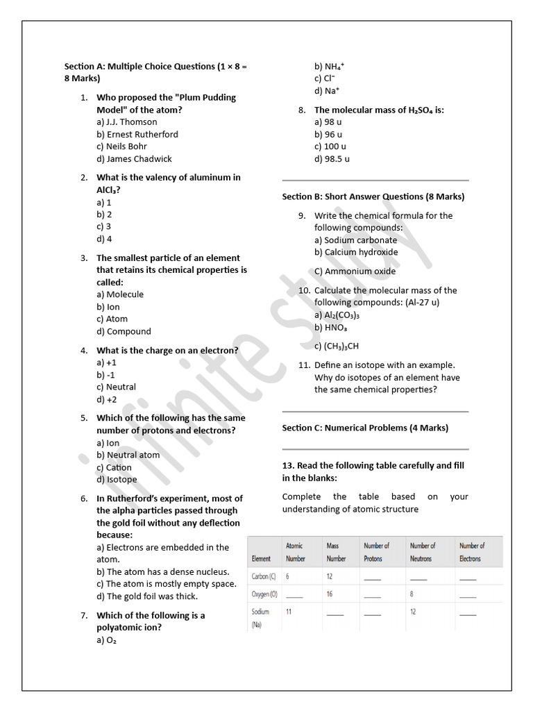 Chemistry Quiz: Atomic Structure | PDF | Atoms | Ion