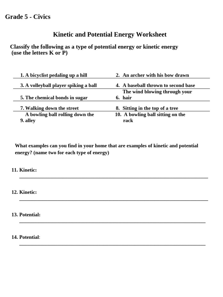 Kinetic and Potential Energy Worksheet | PDF