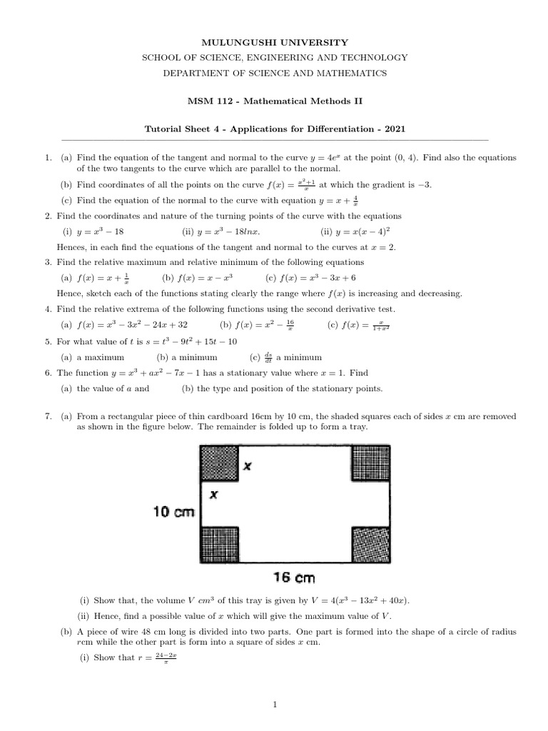 Tutorial Sheet 5 - Application For Differentiation | PDF | Area | Velocity