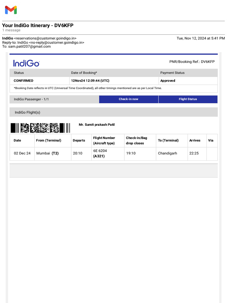 Indigo Ticket 2nd Dec - DV6KFP | PDF