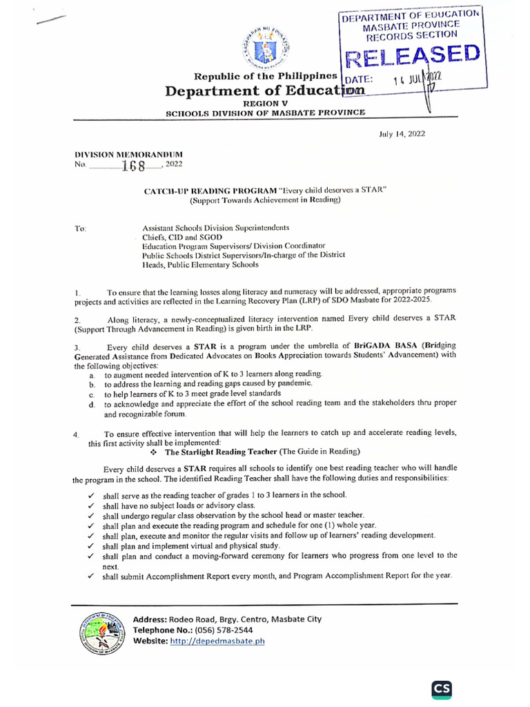 Div - Memo - 168 - 2022-CATCH-UP READING PROGRAM-STAR | PDF
