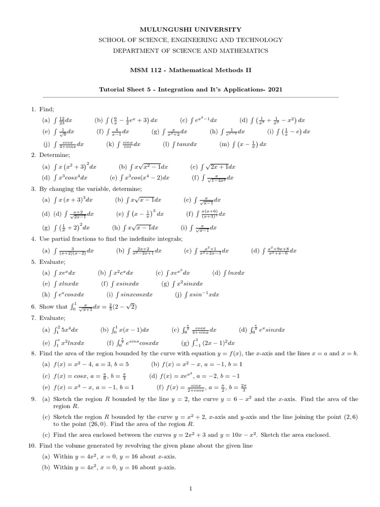 Tutorial Sheet 6 - Integration and Its Application | PDF | Mathematics | Mathematical Analysis