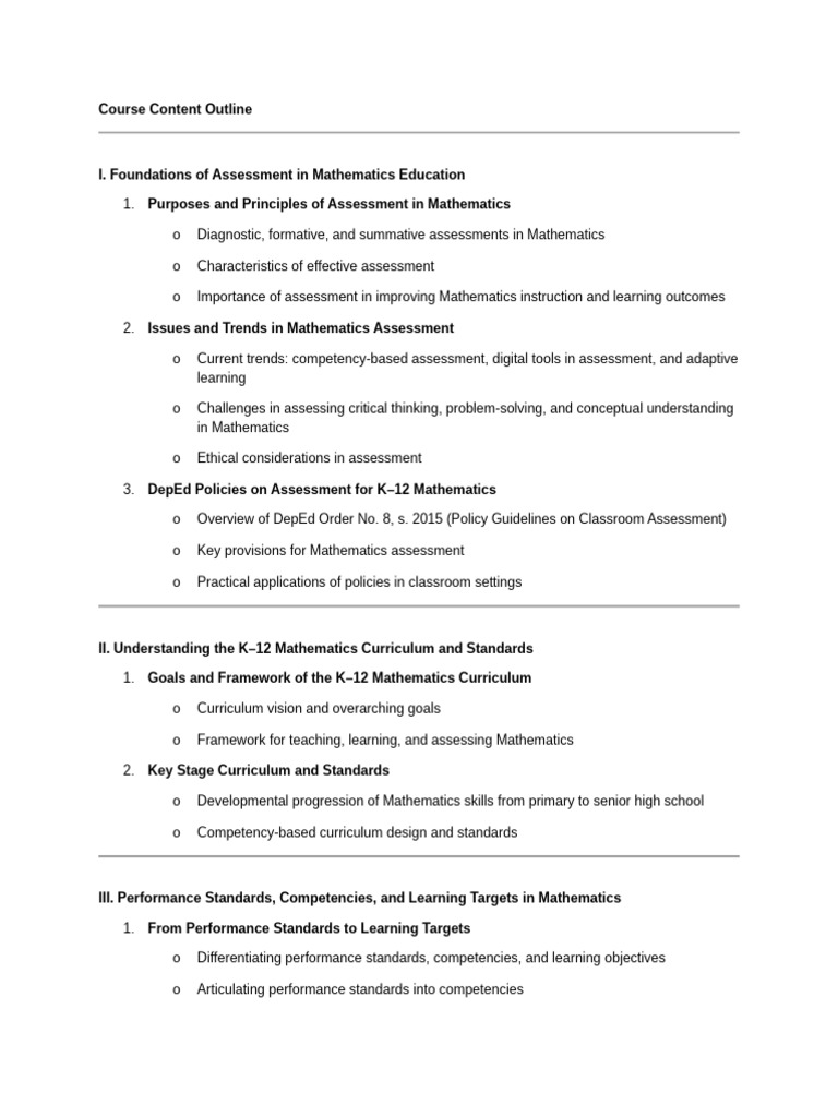 K–12 Math Assessment Course Outline | PDF | Educational Assessment ...