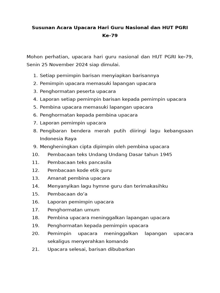 Susunan Acara Upacara Hari Guru Nasional dan HUT PGRI Ke | PDF