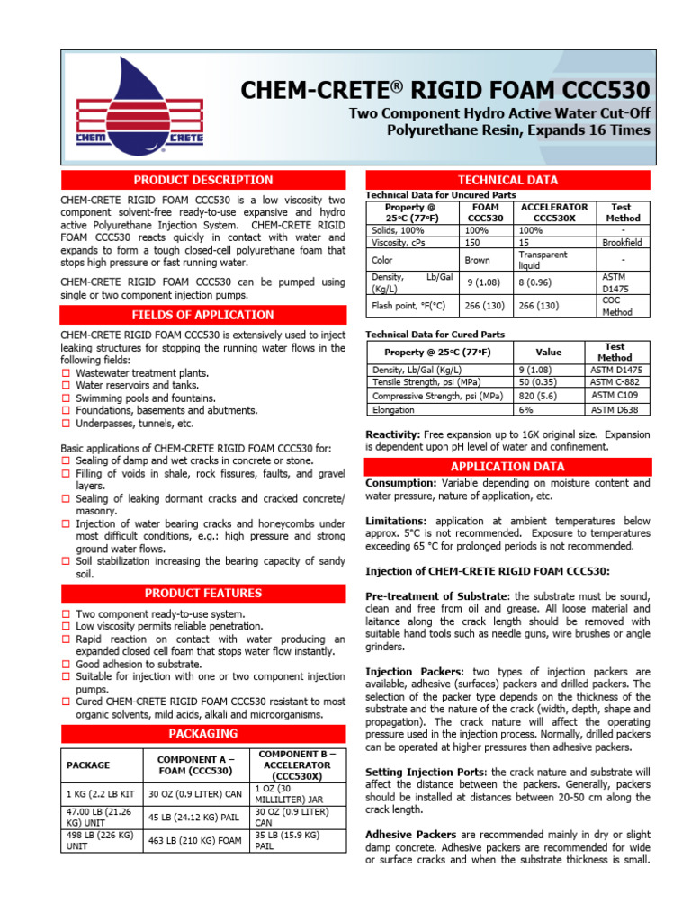 Chem Crete Rigid Foam Ccc530 Tds Am30319 | PDF | Foam | Water
