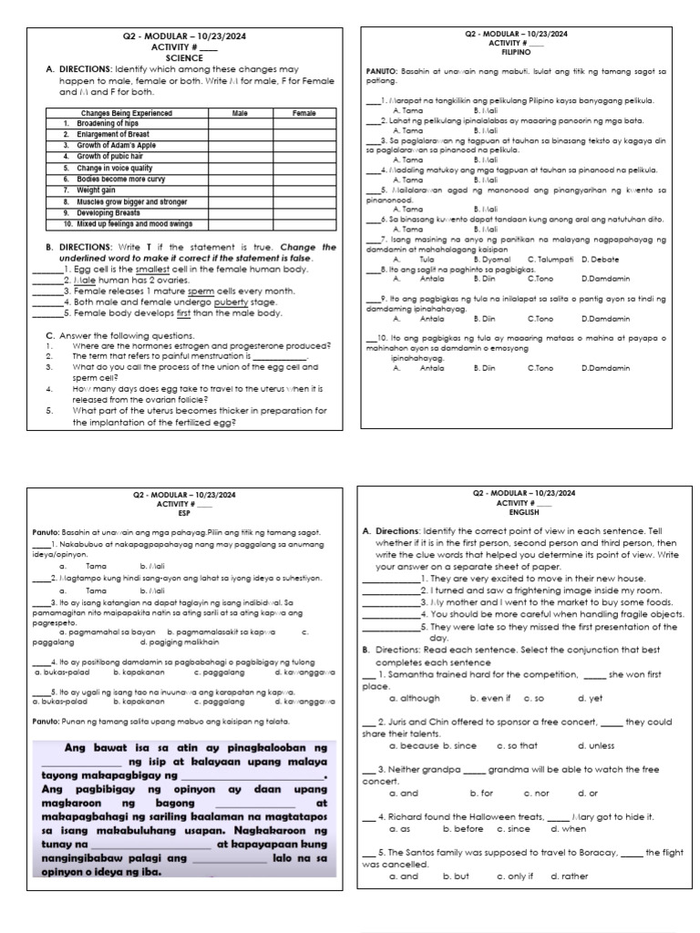 Esp Science English Filipino 10-23-2024 | PDF | Reproductive System | Ovary