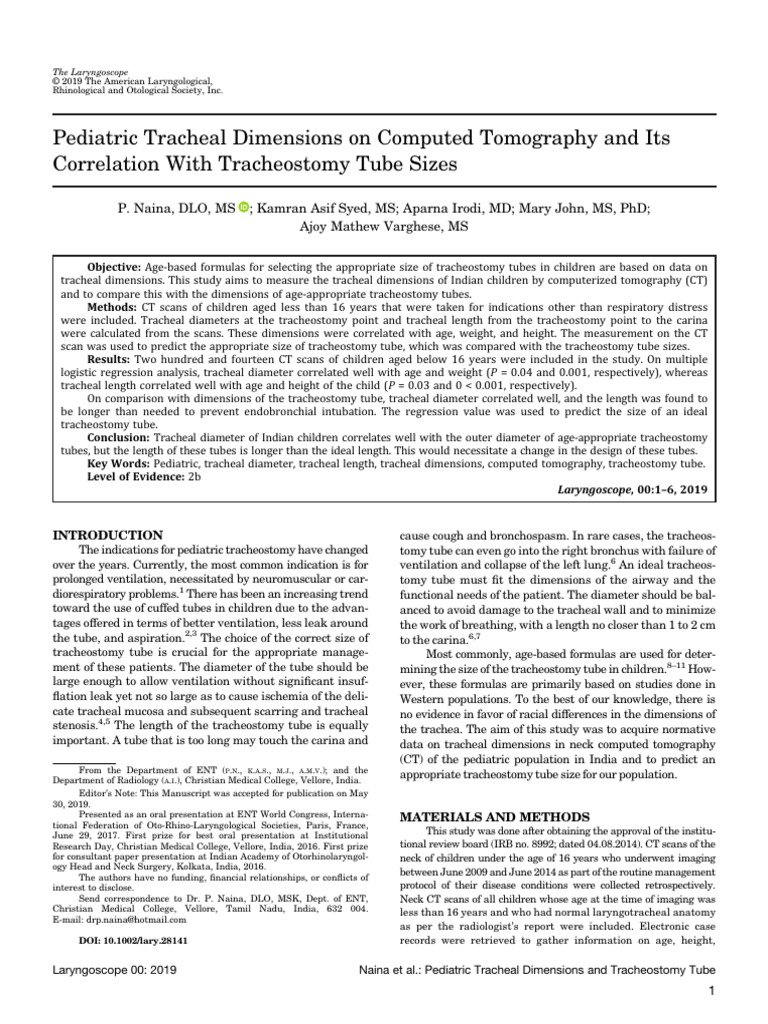 Pediatric Tracheal Dimensions Study | PDF | Ct Scan | First Aid