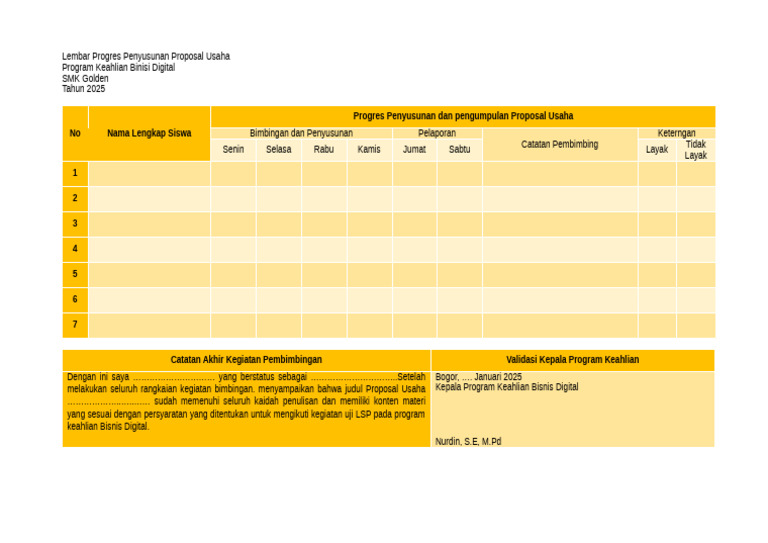 Lembar Progres Penyusunan Proposal Usaha | PDF