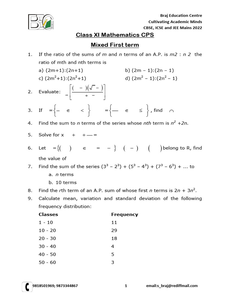 Maths Pre First Term CPS 1 | PDF | Mathematics