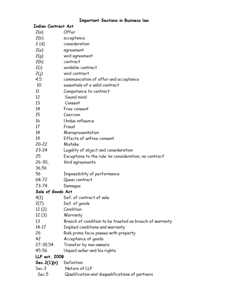 Imp Sections in Business Laws | PDF