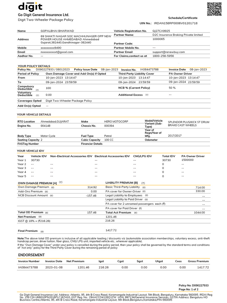 Digit Two-Wheeler Package Policy: Go Digit General Insurance LTD | PDF ...