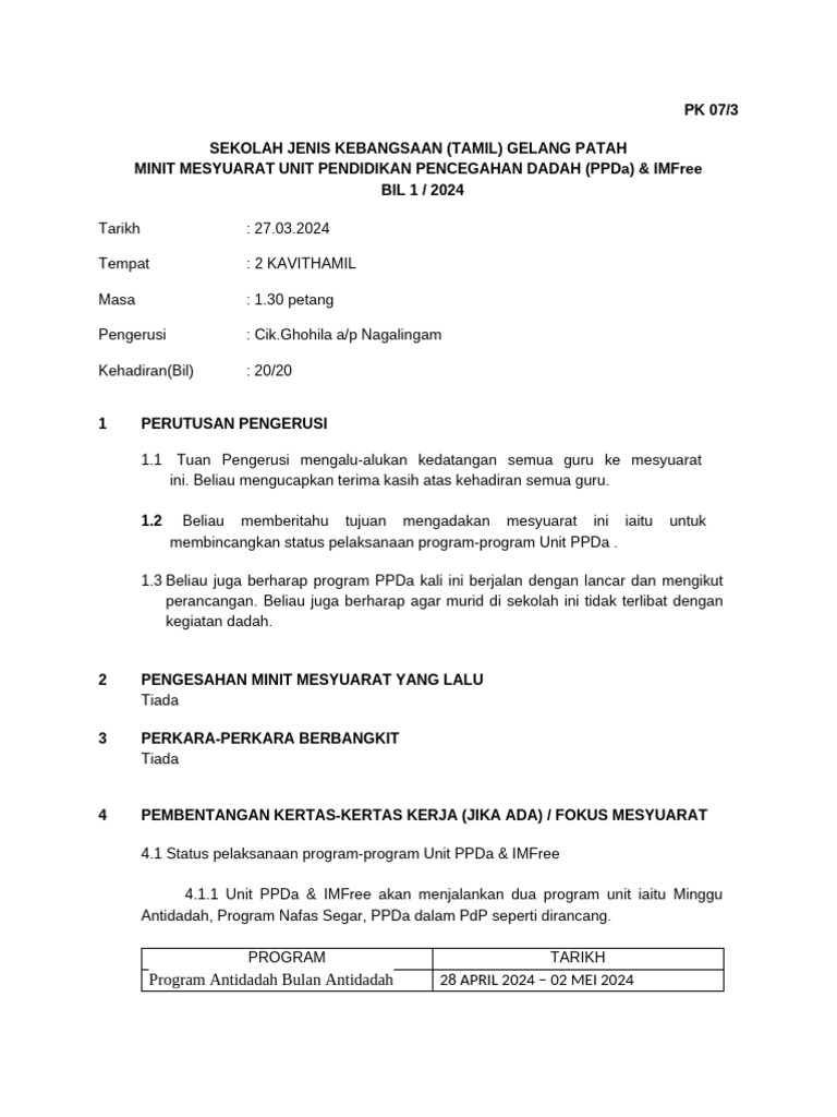 MINIT MESYUARAT UNIT PPDA 1 2023 | PDF