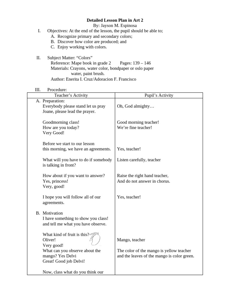 Detailed Lesson Plan in Art 2 | PDF | Color | Teachers