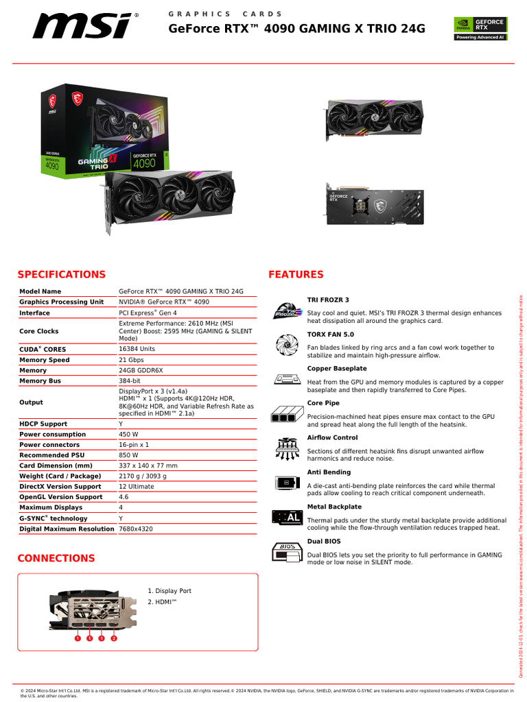 GeForce RTX 4090 GAMING X TRIO 24G | PDF | Hdmi | Graphics Processing Unit