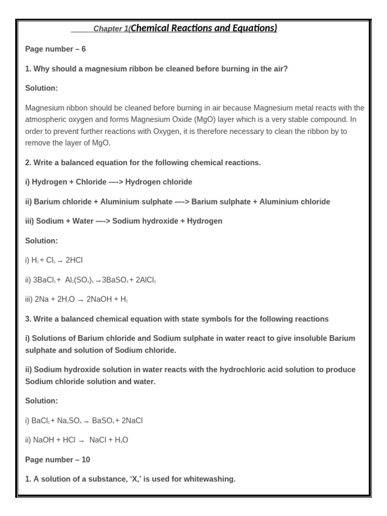 Chapter 1 (Chemical Reactions and Equations) Chem Class-10 | PDF ...