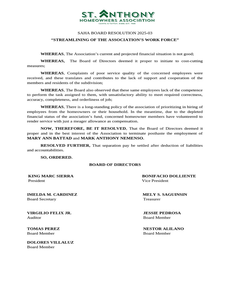 SAHA Board Resolutions 2025 | PDF | Business | Private Law