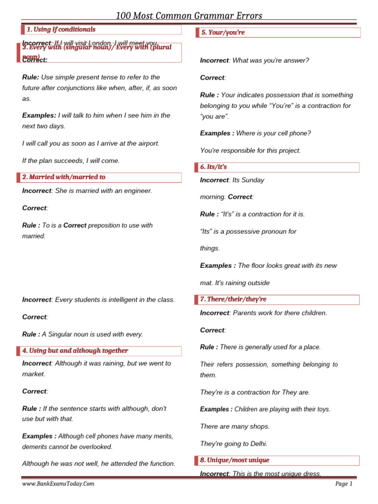 100 Most Common Grammar Errors | PDF | Grammatical Number | Grammatical Gender