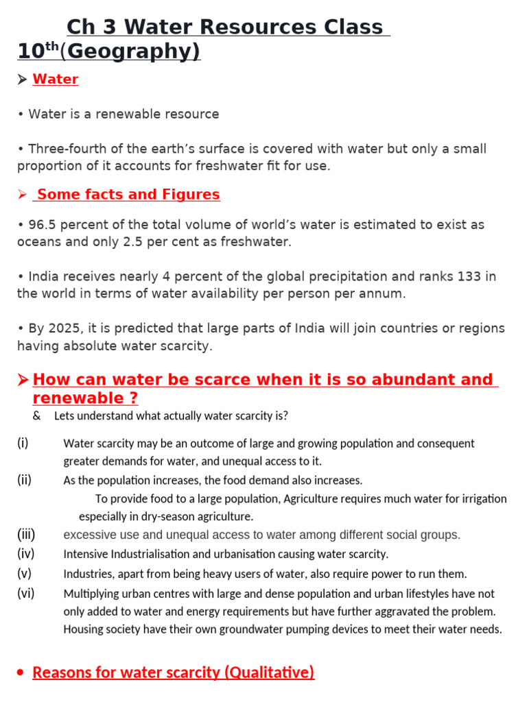 CH 3 Water Resources Class 10th (Geo) | PDF | Water Scarcity | Dam