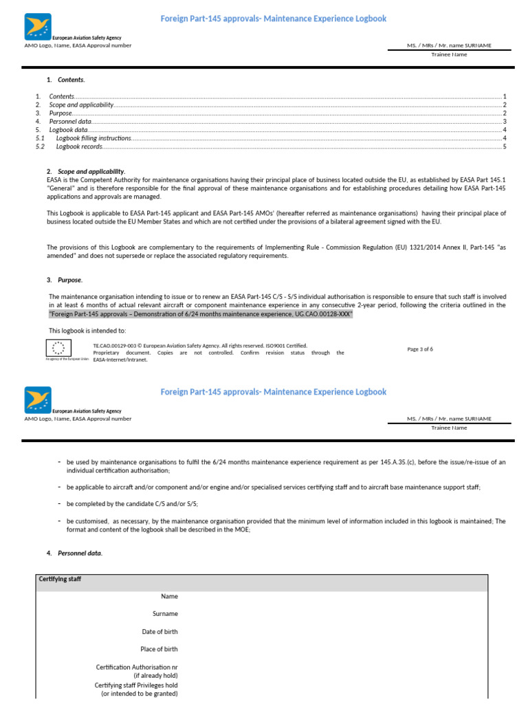 B11. TE - CAO.00129 Experience Logbook | PDF