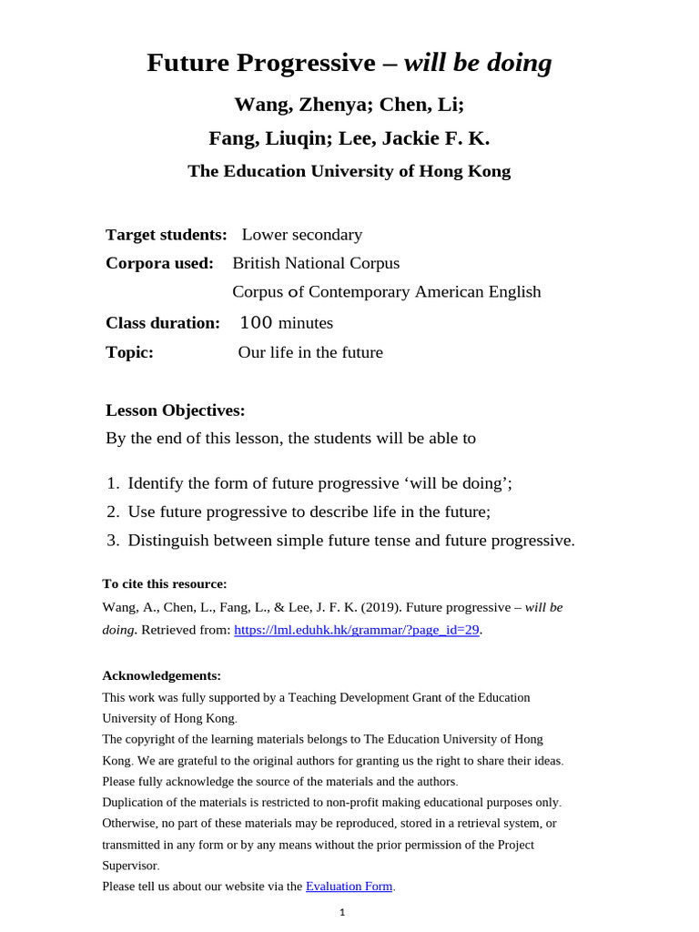 Future Progressive Tense Lesson Plan | PDF | Question | Grammatical Tense