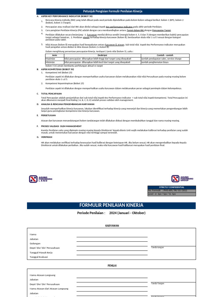 Formulir Penilaian Kinerja Untuk Asst. SPV - Sr. SPV 2024 Versi POM | PDF