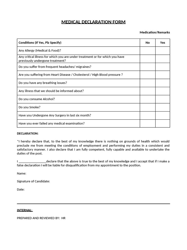 Medical Declaration Form | PDF