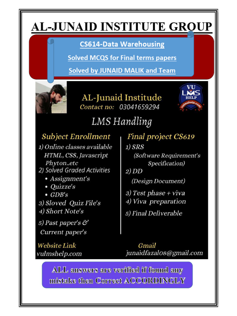 CS614 Solved MCQs Final Term By JUNAID | PDF | Database Index | Data Warehouse