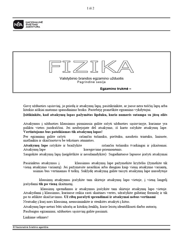 Fizikos - Vbe 1 2021 | PDF
