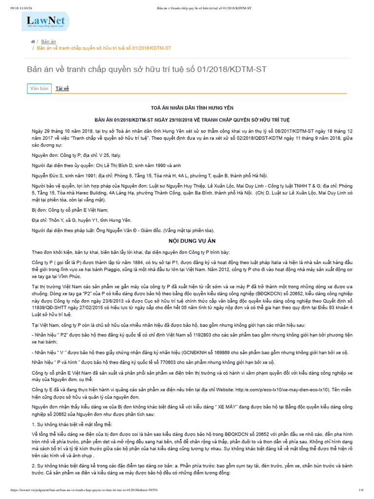 Bản Án Về Tranh Chấp Quyền Sở Hữu Trí Tuệ Số 01 - 2018 - KDTM-ST | PDF