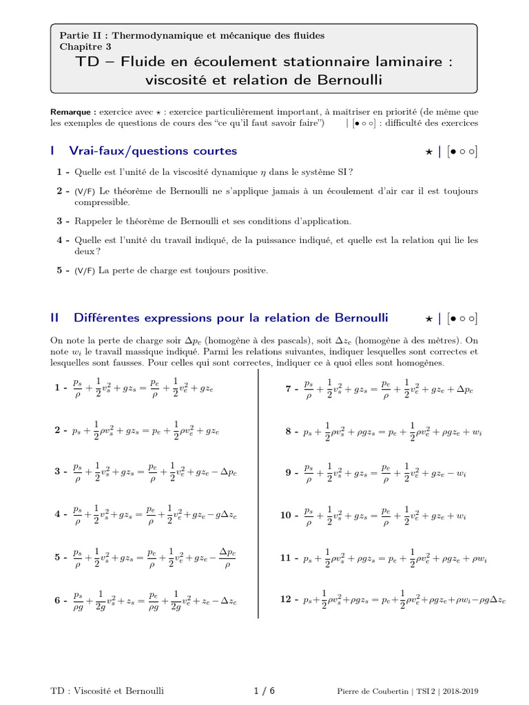 TD - Fluide en Écoulement Stationnaire Laminaire | PDF | Portance (aérodynamique) | Profil ...
